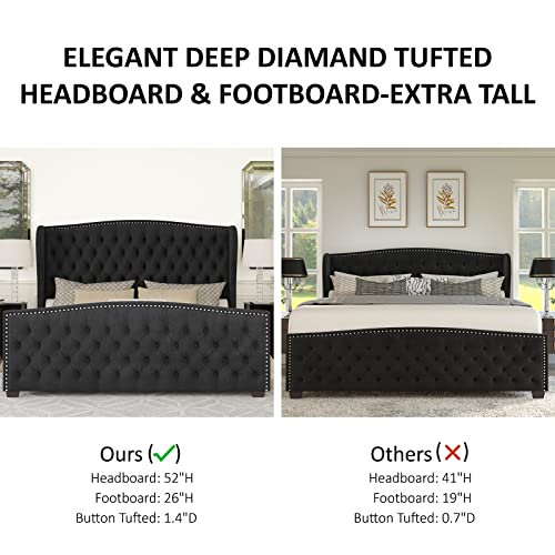 AMERLIFE King Size Platform Bed Frame, Velvet Upholstered Bed with Deep Button Tufted & Nailhead Trim Wingback Headboard/No Box Spring Needed/Black