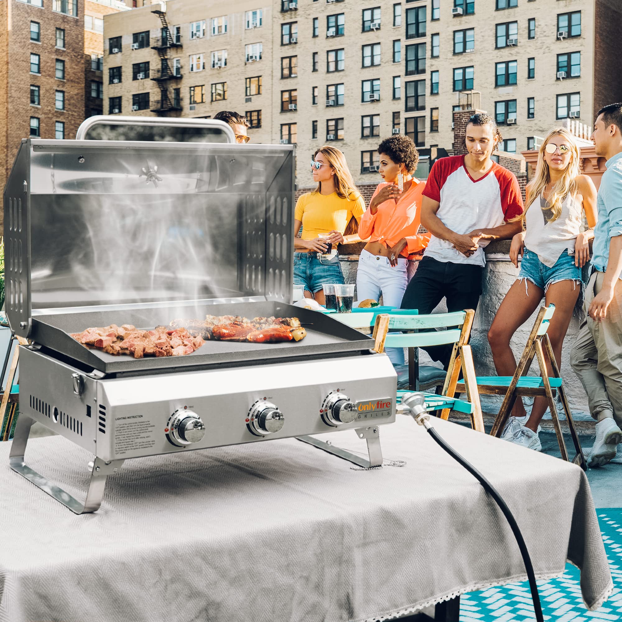 Onlyfire Flat Top Gas Griddle with Foldable Legs, 3-Burner Stainless Steel Propane Gas Grill Griddle, 24β Portable Tabletop Griddle for Outdoor Cooking Camping Tailgating RV, 24000 BTU, GS309