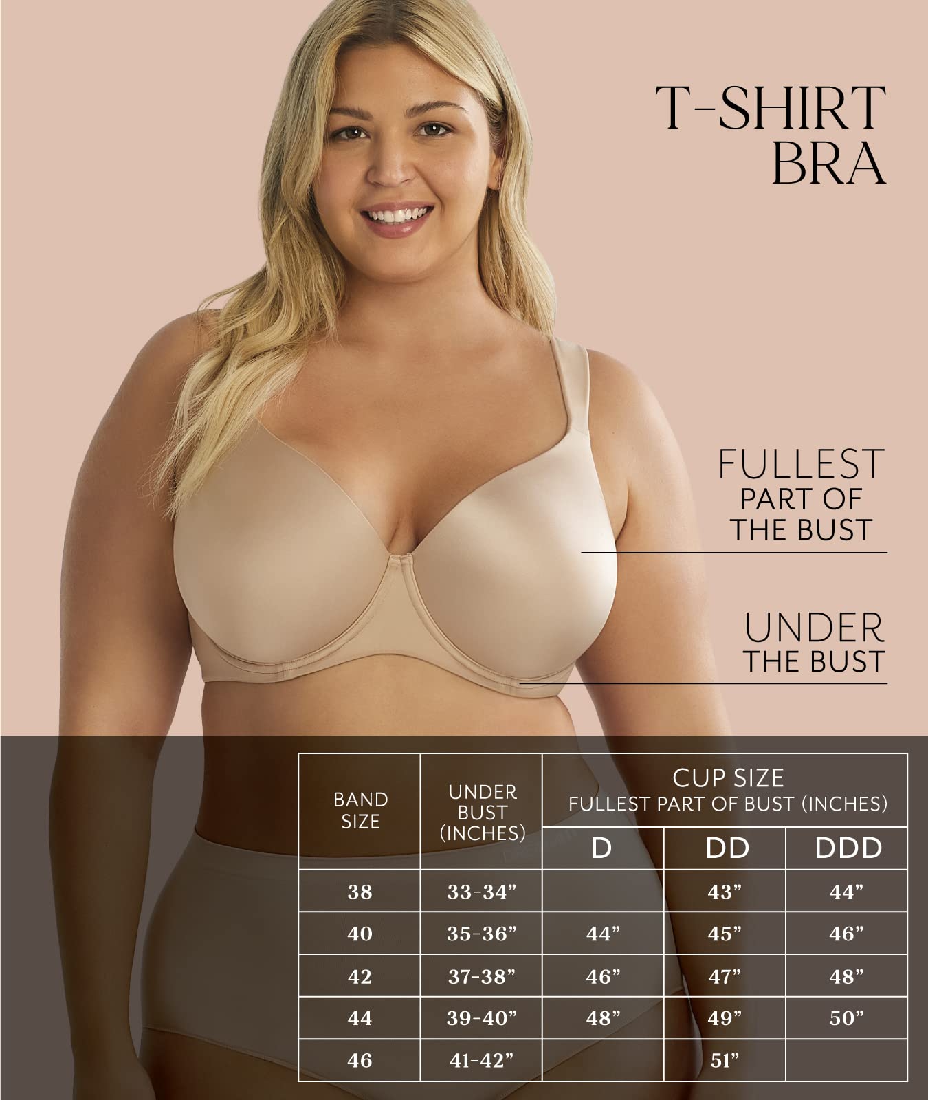 DREAMFIT Underwear for Women Plus Size Full Coverage Microfiber Underwire Everyday Smoothing Tshirt Bra - 44DD Tawny