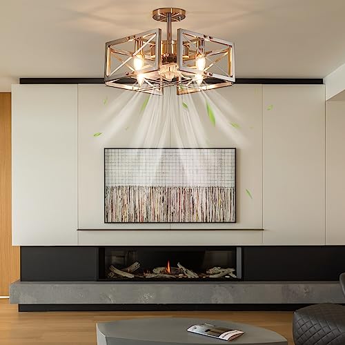 PUNSOKO Ceiling Fans with Lights, Brushed Nickel Fandelier Ceiling Fan with Light and Remote, 20'' Modern Bladeless Chandelier Fan Flush Mount for Kitchen, Bedroom, Living Room