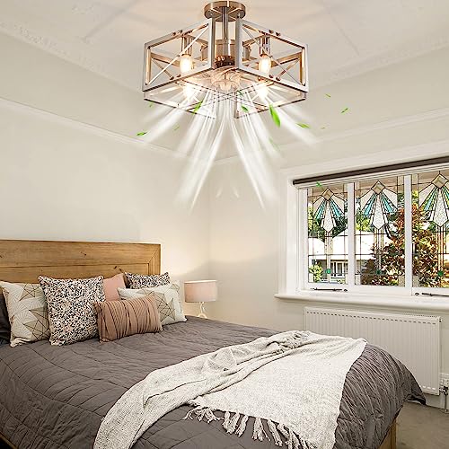 PUNSOKO Ceiling Fans with Lights, Brushed Nickel Fandelier Ceiling Fan with Light and Remote, 20'' Modern Bladeless Chandelier Fan Flush Mount for Kitchen, Bedroom, Living Room