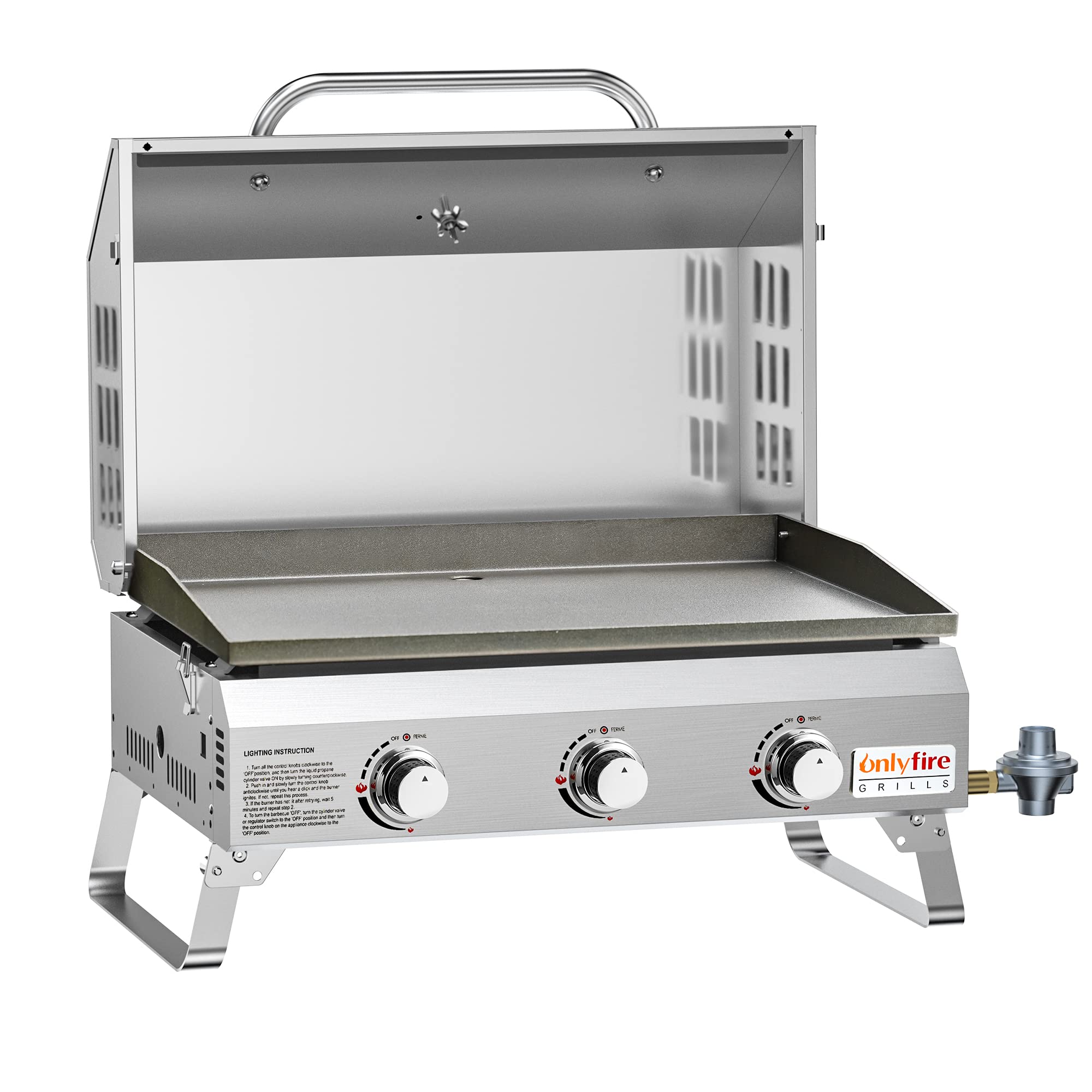 Onlyfire Flat Top Gas Griddle with Foldable Legs, 3-Burner Stainless Steel Propane Gas Grill Griddle, 24” Portable Tabletop Griddle for Outdoor Cooking Camping Tailgating RV, 24000 BTU, GS309