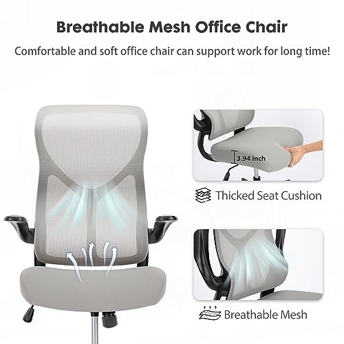 SMUG Ergonomic Office High Back Computer, Mesh Home Desk Lumbar Support, Tilt and Lock, Comfy Rolling Executive Swivel Task Chair with 3D Adjustable Headrest and Armrests, Grey