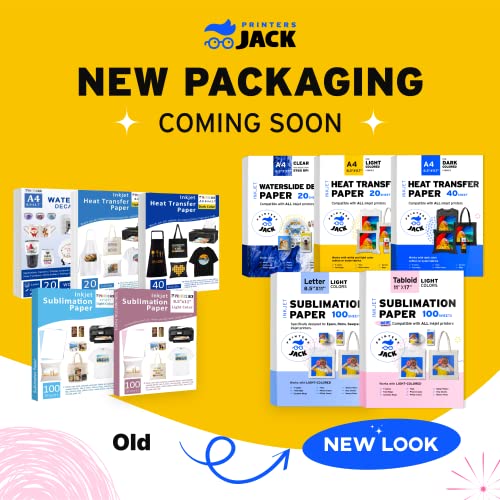 Printers Jack Iron-On Heat Transfer Paper for Dark Fabric 20 Pack 8.3x11.7" T-Shirt Transfer Paper for Inkjet Printer Wash Durable, Long Lasting Transfer, No Cracking