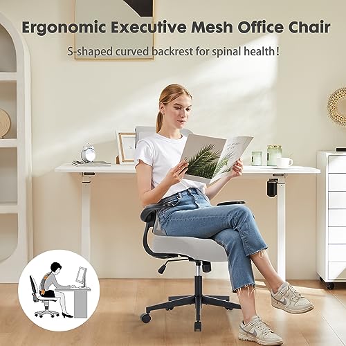 SMUG Ergonomic Office High Back Computer, Mesh Home Desk Lumbar Support, Tilt and Lock, Comfy Rolling Executive Swivel Task Chair with 3D Adjustable Headrest and Armrests, Grey