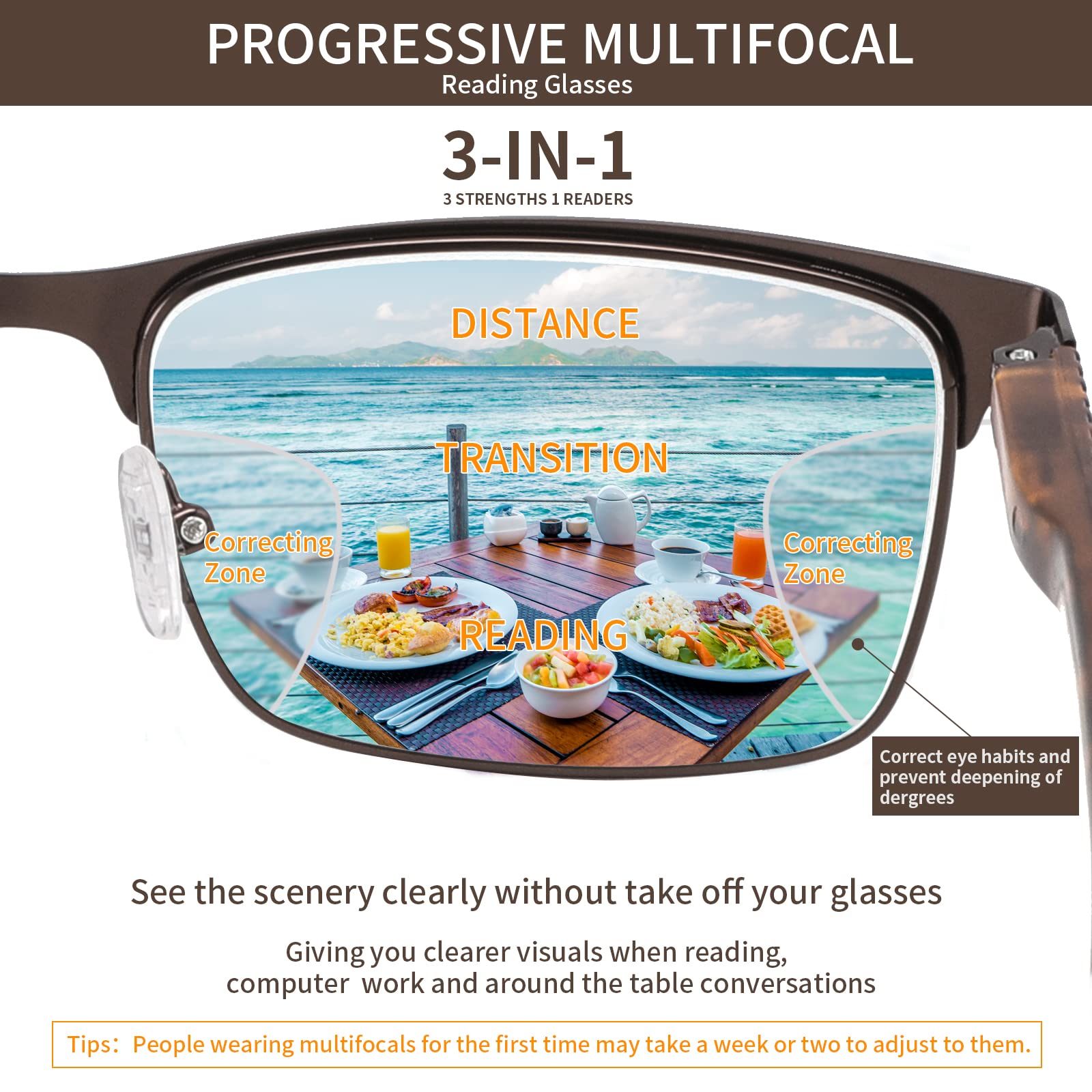 Kafirlo Progressive Multifocal Reading Glasses Men No Line Multifocus Transition Blue Light Blocking Computer Reader Multi Focus Metal Full Wide Frame Spring Hinge Designer Magnifying Eyeglasses 1.25