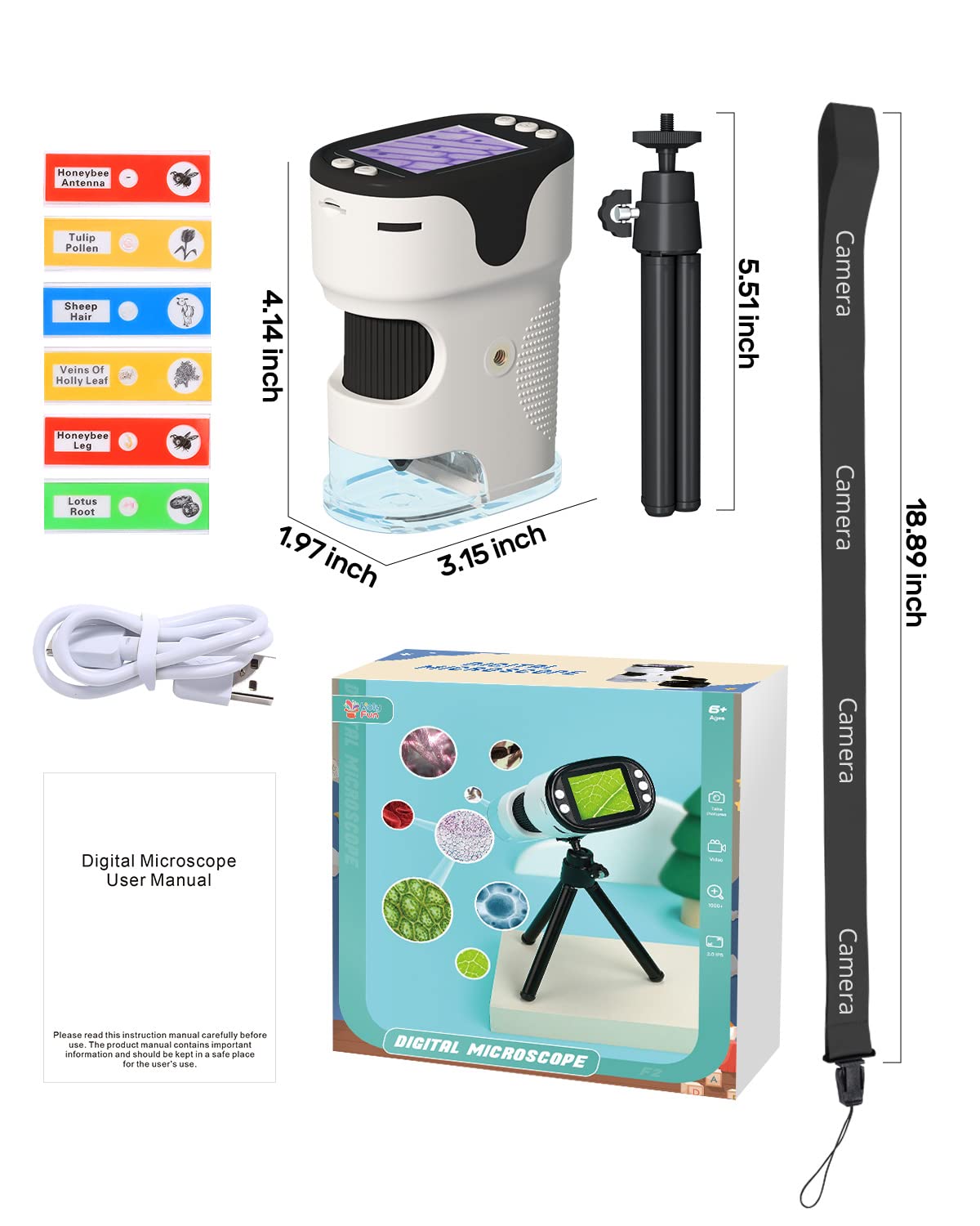 HOLYFUN Handheld Microscope Kit for Kids, Catch Video & Photo, Portable Rechargeable 1000X HD Microscopes Camera Toys, Outdoor Indoor Student Beginner Educational Science Gift for Children Age 6+