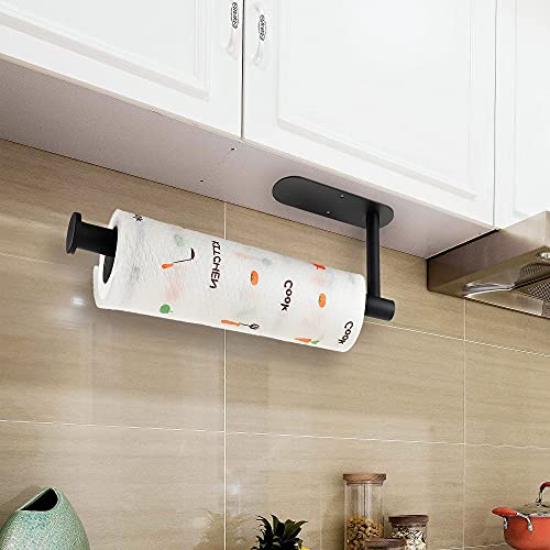 Paper Towel Holder Black, Paper Towel Holder Under Cabinet, Stainless Steel Wall-Mounted Paper Towel Holder - Self-Adhesive or Drilled for Kitchen, Pantry