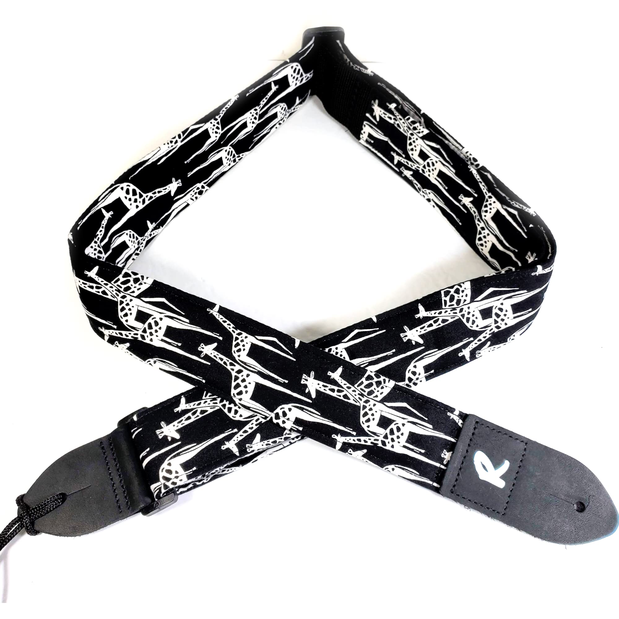 White Giraffe on Black Guitar Strap - Genuine Leather Ends, Includes 2 Strap Locks & 1 Pick. Adjustable Strap, For Bass, Electric & Acoustic Guitars Gift for Guitar Players Men, Women & Kids