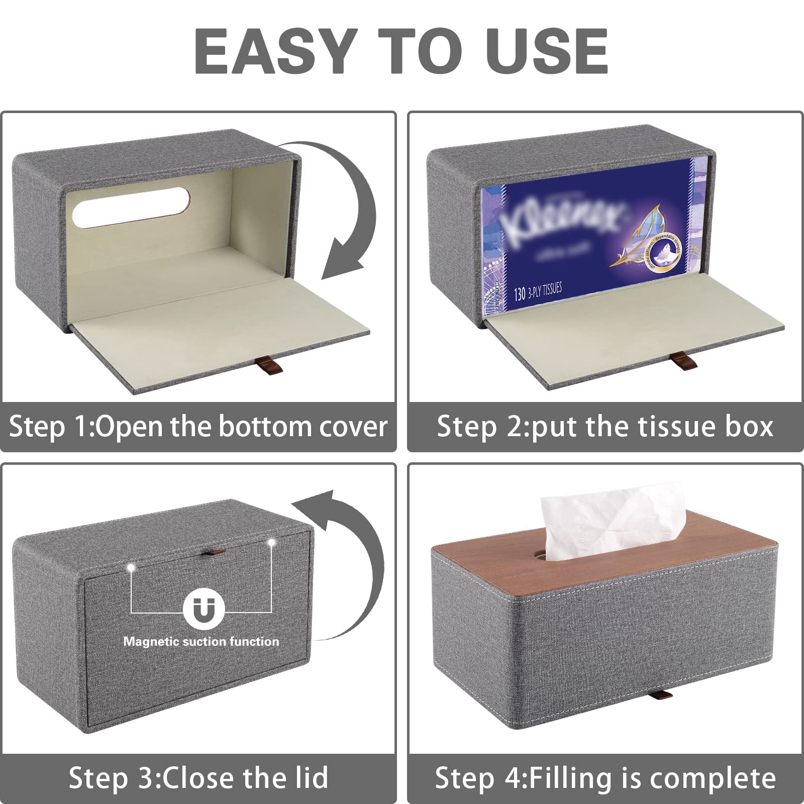 XNONE Tissue Box Cover Rectangle Kleenex Box Holder PU Leather Facial Organizer with Magnetic Bottom,Decorative Napkin Caddy for Vanity Dresser Night Stand Table Countertop Home Office Car,Grey