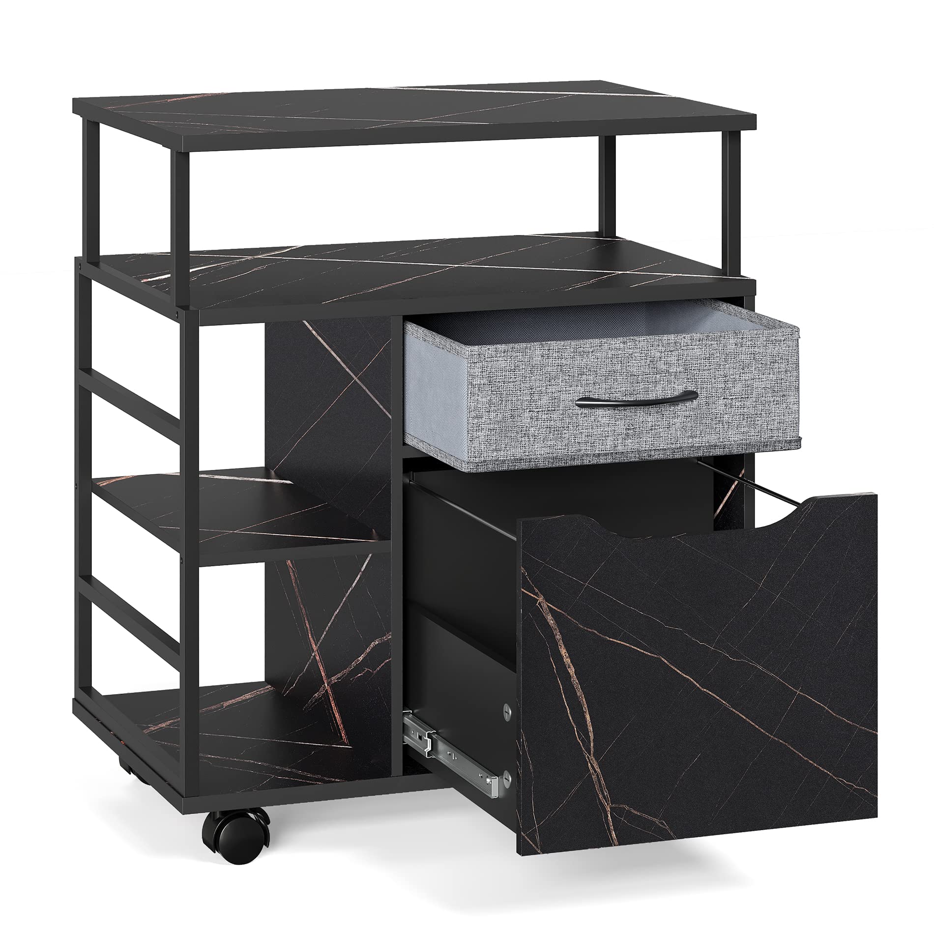 HOMOOI 2-Drawer Lateral File Cabinet, Mobile Large Printer Stand with Open Shelves, Home Office Filing Cabinet for Hanging A4/Letter Size File Folders, Black, Wood and Metal