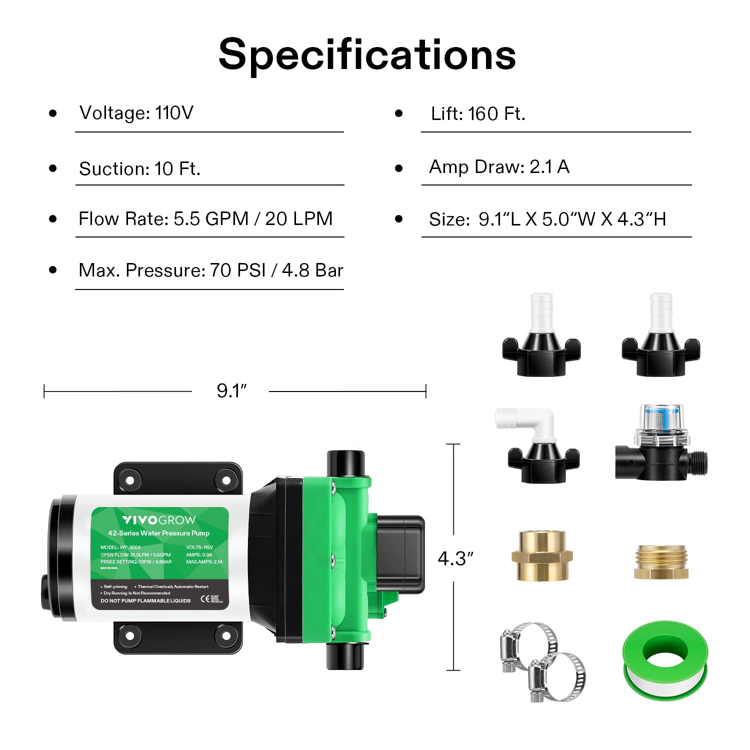 VIVOGROW Water Pressure Pump, 110V 5.5GPM 70 PSI Diaphragm Water Pump Include 1/2" and 3/4" Garden Hose Adapters, Power Plug for Bathrooms, Kitchens, RVs, and Yachts, Green