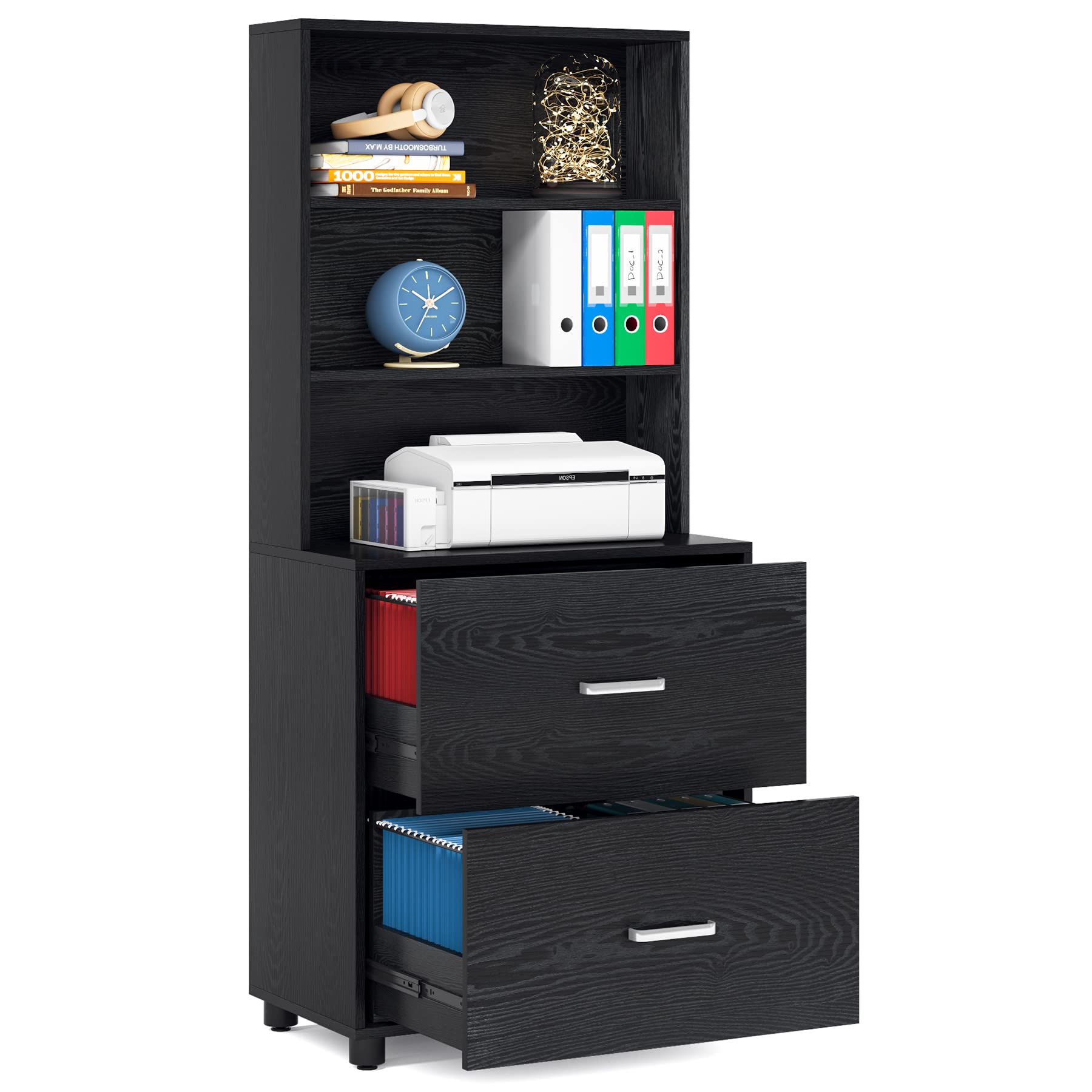 Tribesigns Vertical File Cabinet Modern Wood Filing Cabinet with 2 Large Drawer fit Letter/A4 Size, Large Printer Stand with 4 Open Storage Bookshelves for Home Office, Black
