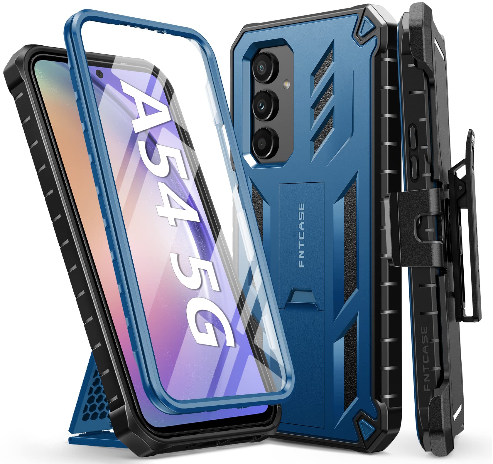 FNTCASE for Samsung Galaxy A54 5G Case: Military Grade Drop Proof Protection Cover with Kickstand & Belt-Clip Matte Textured Rugged Shockproof TPU Cell Phone Protective Case for Galaxy A54 2023 (Blue)