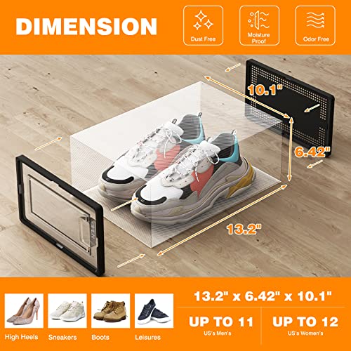 Fixwal Clear Shoe Storage Boxes Stackable, 12 Pack XL-Large Shoe Storage Organizers, Stackable Clear Plastic Boxes for Closet, 13.2 (L) x 10.1 (w) x 6.42 (H) Inch, Black