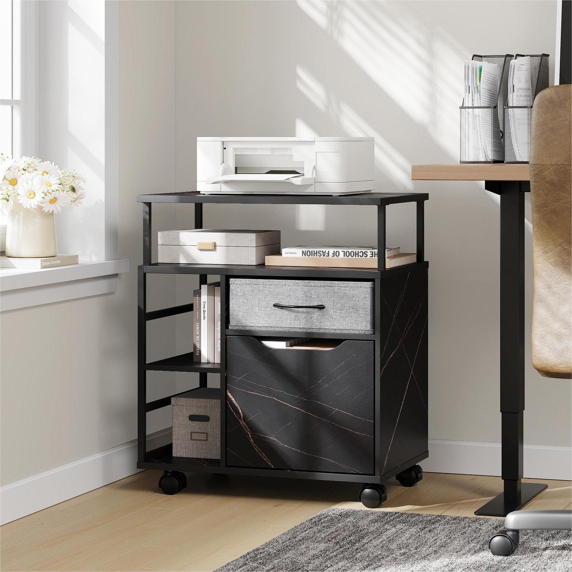 HOMOOI 2-Drawer Lateral File Cabinet, Mobile Large Printer Stand with Open Shelves, Home Office Filing Cabinet for Hanging A4/Letter Size File Folders, Black, Wood and Metal