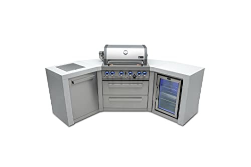 Mont Alpi MAi400-D45FC 32-Inch 4-Burner 78000 BTU 45-Degree Deluxe Stainless Steel Island Outdoor Kitchen Gas Barbecue Island Grill + Compact Refrigerator Wine Cooler + Infrared Side Burner