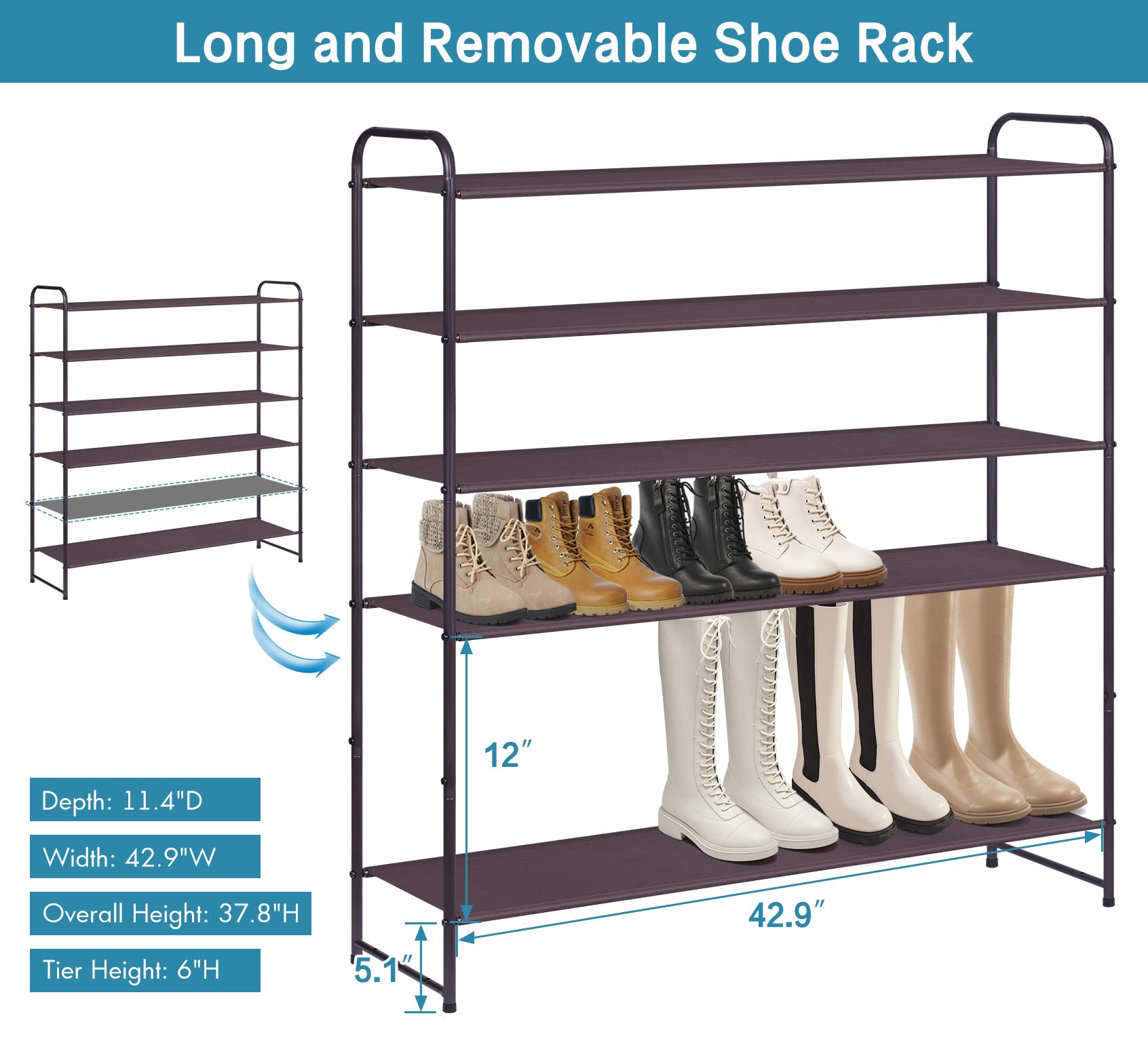 KIMBORA 6 Tier Long Shoe Rack for Closet, Wide Closet Shoe Organizer Storage Sturdy Sneaker Shelf for Floor, Bedroom 42 Pairs (Bronze)