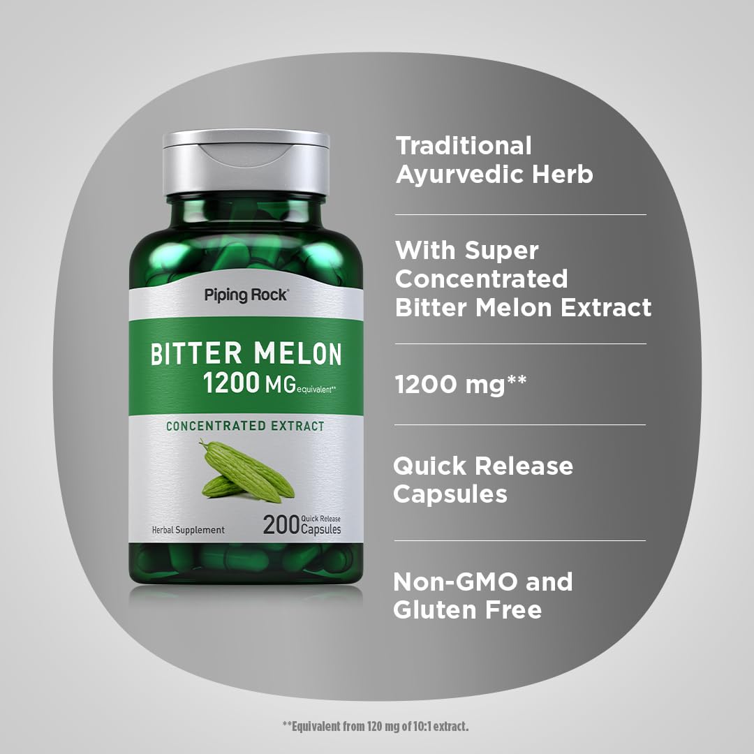 Piping Rock Bitter Melon Capsules 1200mg | 200 Count | Momordica Charantia | Concentrated Extract | Herbal Supplement | Non-GMO, Gluten Free