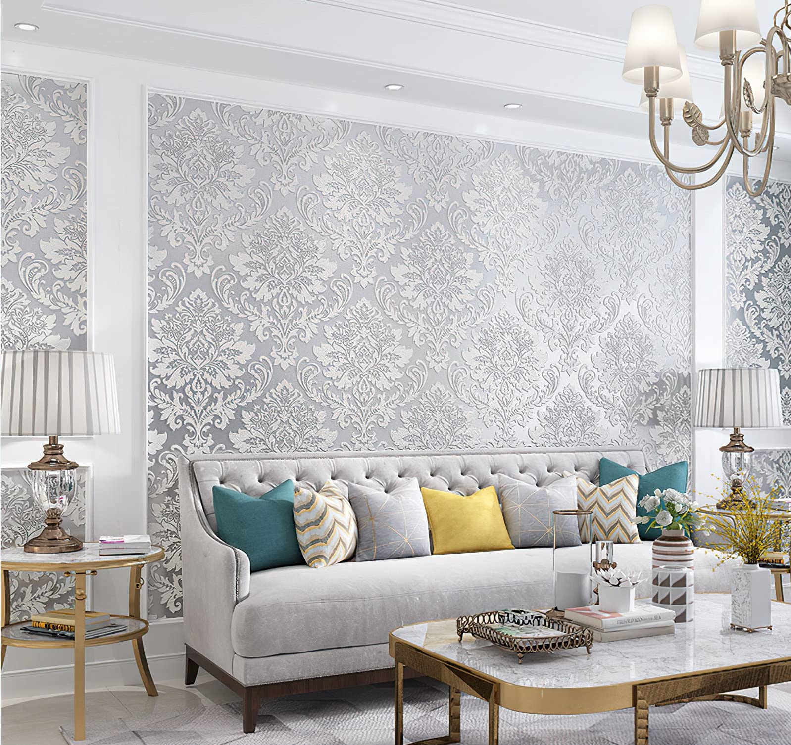 yaretzy Peel and Stick Wallpaper 3D Silver Grey Floral Modern Damask Removable Wallpaper Bedroom Embossed Sticky Self Adhesive Wallpaper 20.8inch x 118inch