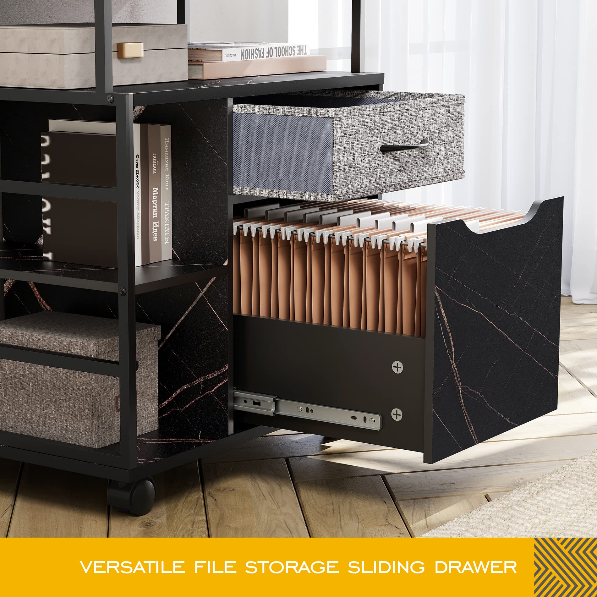 HOMOOI 2-Drawer Lateral File Cabinet, Mobile Large Printer Stand with Open Shelves, Home Office Filing Cabinet for Hanging A4/Letter Size File Folders, Black, Wood and Metal