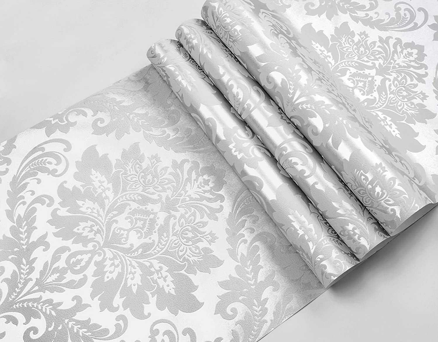 yaretzy Peel and Stick Wallpaper 3D Silver Grey Floral Modern Damask Removable Wallpaper Bedroom Embossed Sticky Self Adhesive Wallpaper 20.8inch x 118inch