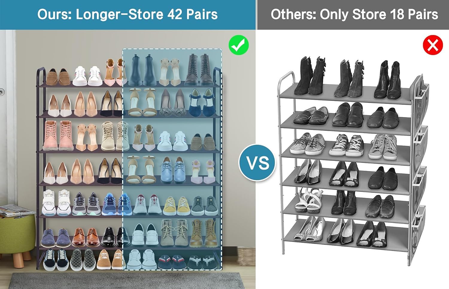 KIMBORA 6 Tier Long Shoe Rack for Closet, Wide Closet Shoe Organizer Storage Sturdy Sneaker Shelf for Floor, Bedroom 42 Pairs (Bronze)