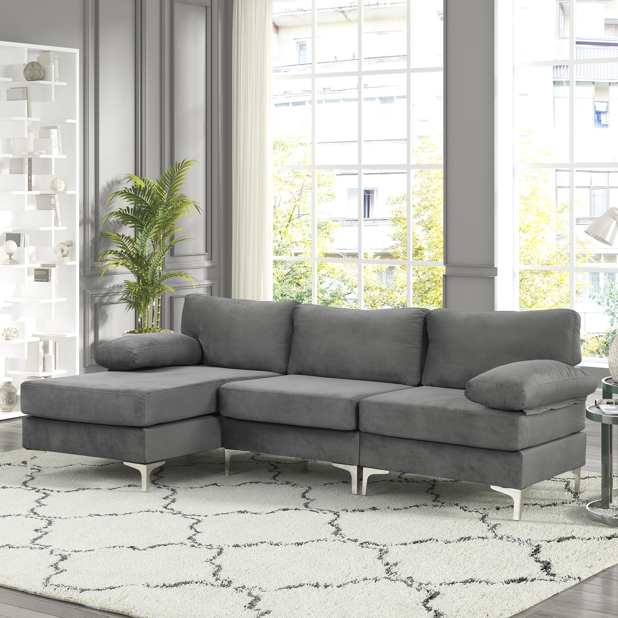 Casa Andrea Milano Modern Velvet Fabric Sectional Sofa, L-Shape Couch with Extra Wide Chaise Lounge