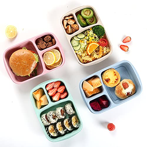 4 Pack Bento Lunch Box,3-Compartment Meal Prep Containers,Lunch Box for Kids,Durable BPA Free Plastic Reusable Food Storage Containers - Stackable, Suitable for Schools, Companies,Work and Travel