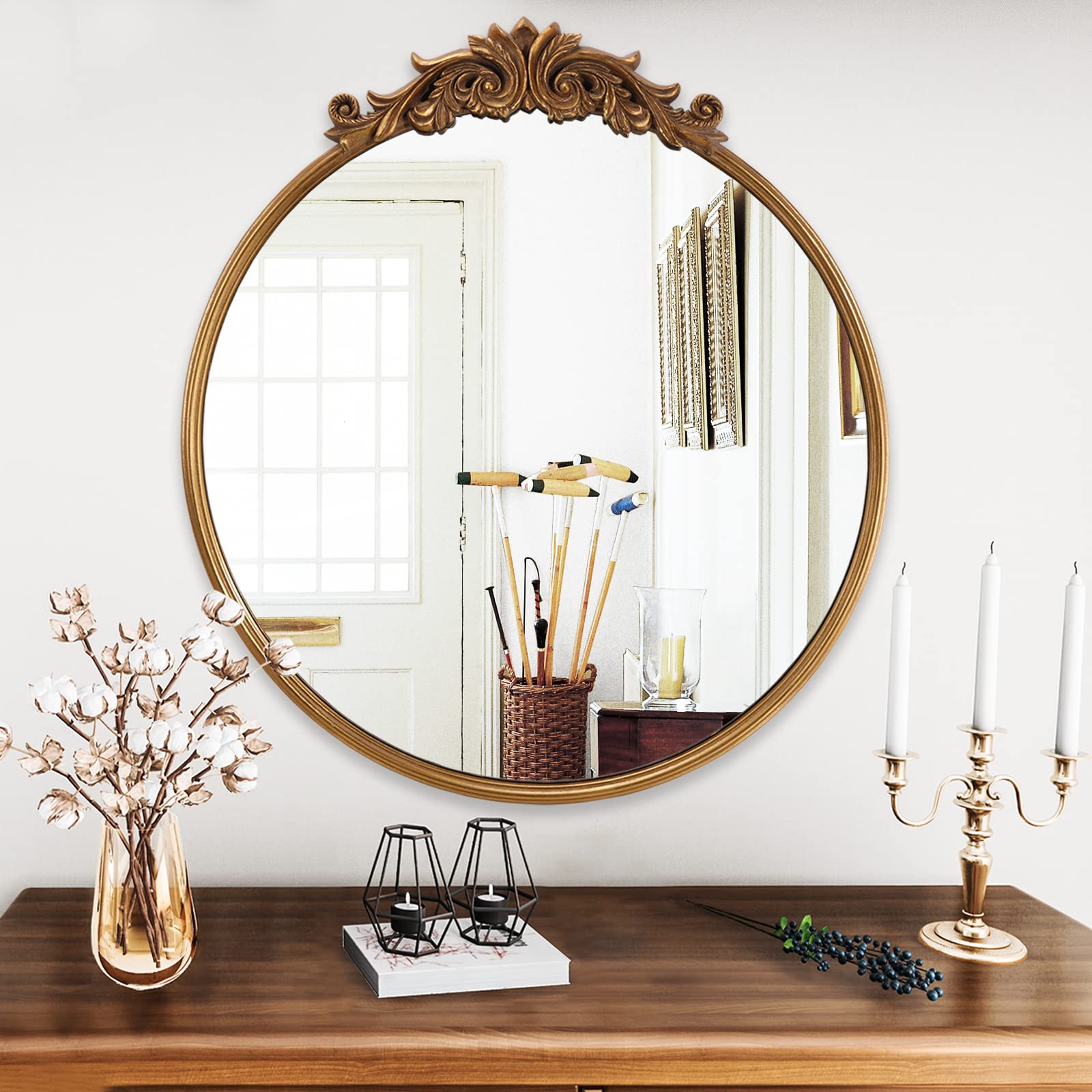 WallBeyond Vintage Round Mirror Metal Frame Wall Mirror for Home Decor Bathroom Entryways Living Rooms Dressing Mirror 28" x 29" Antique Gold