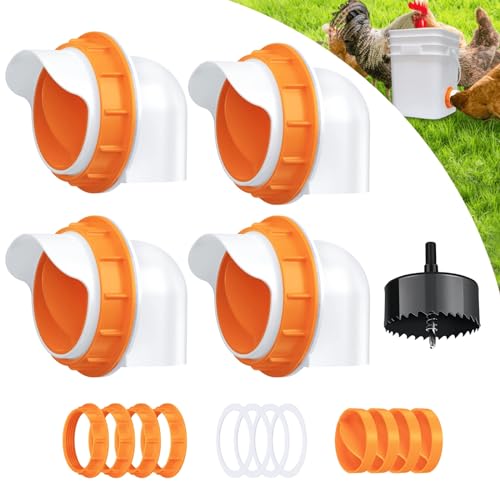 DSTANA DIY Chicken Feeder No Waste 4 Ports Automatic Poultry Feeder with 4Pcs Stopper & 1 Hole Saw, Weatherproof Reusable Gravity Chicken Feeder Kits for Buckets, Barrels, Bins, Troughs(Orange)