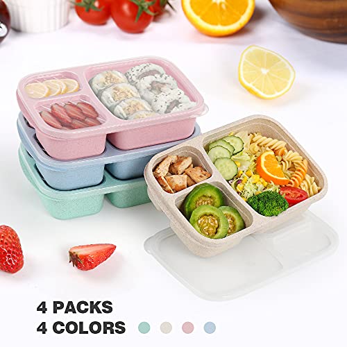4 Pack Bento Lunch Box,3-Compartment Meal Prep Containers,Lunch Box for Kids,Durable BPA Free Plastic Reusable Food Storage Containers - Stackable, Suitable for Schools, Companies,Work and Travel