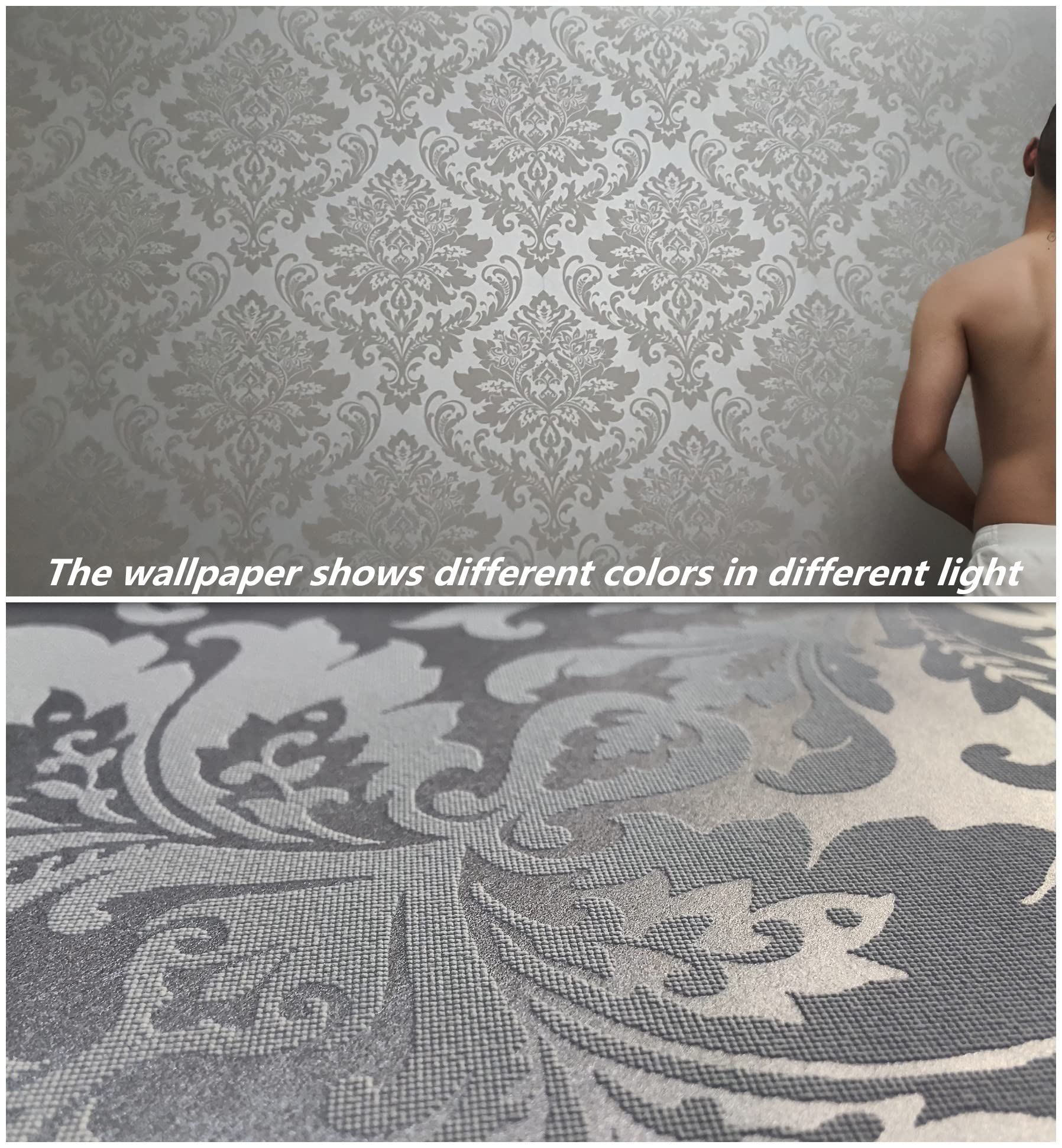 yaretzy Peel and Stick Wallpaper 3D Silver Grey Floral Modern Damask Removable Wallpaper Bedroom Embossed Sticky Self Adhesive Wallpaper 20.8inch x 118inch