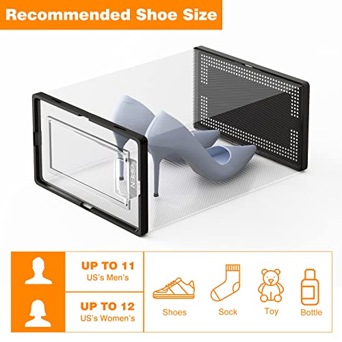 Fixwal Clear Shoe Storage Boxes Stackable, 12 Pack XL-Large Shoe Storage Organizers, Stackable Clear Plastic Boxes for Closet, 13.2 (L) x 10.1 (w) x 6.42 (H) Inch, Black