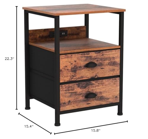 Furologee Set of 2 Nightstands, End Table with Charging Station, Bedside Tables with 2 Fabric Drawers, Night Stands with USB Ports & Power Outlets for Bedroom/Living Room/Rustic Brown
