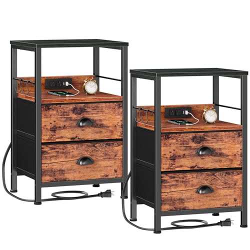 Furologee Set of 2 Nightstands, End Table with Charging Station, Bedside Tables with 2 Fabric Drawers, Night Stands with USB Ports & Power Outlets for Bedroom/Living Room/Rustic Brown