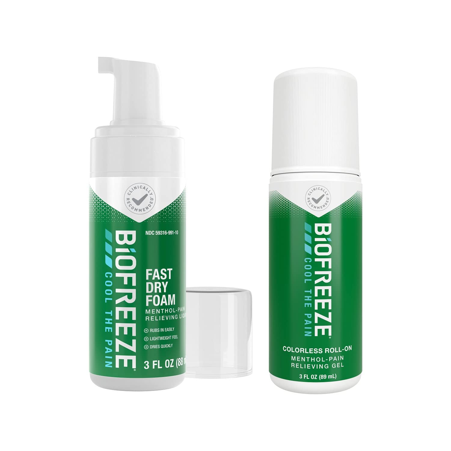 Biofreeze Menthol Pain Relieving Foam 3 FL OZ Roll-On Pain-Relieving Gel 3 FL OZ