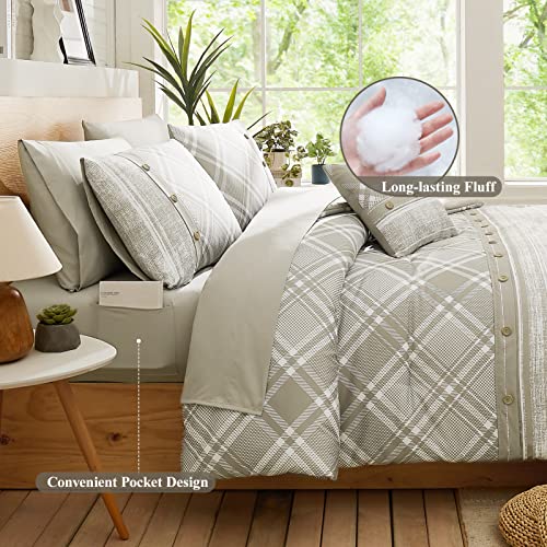 WRENSONGE Plaid Spliced King Comforter Set, 8 Pieces, Light Grey, 102"x 90"