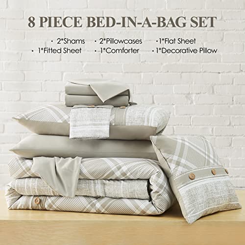 WRENSONGE Plaid Spliced King Comforter Set, 8 Pieces, Light Grey, 102"x 90"