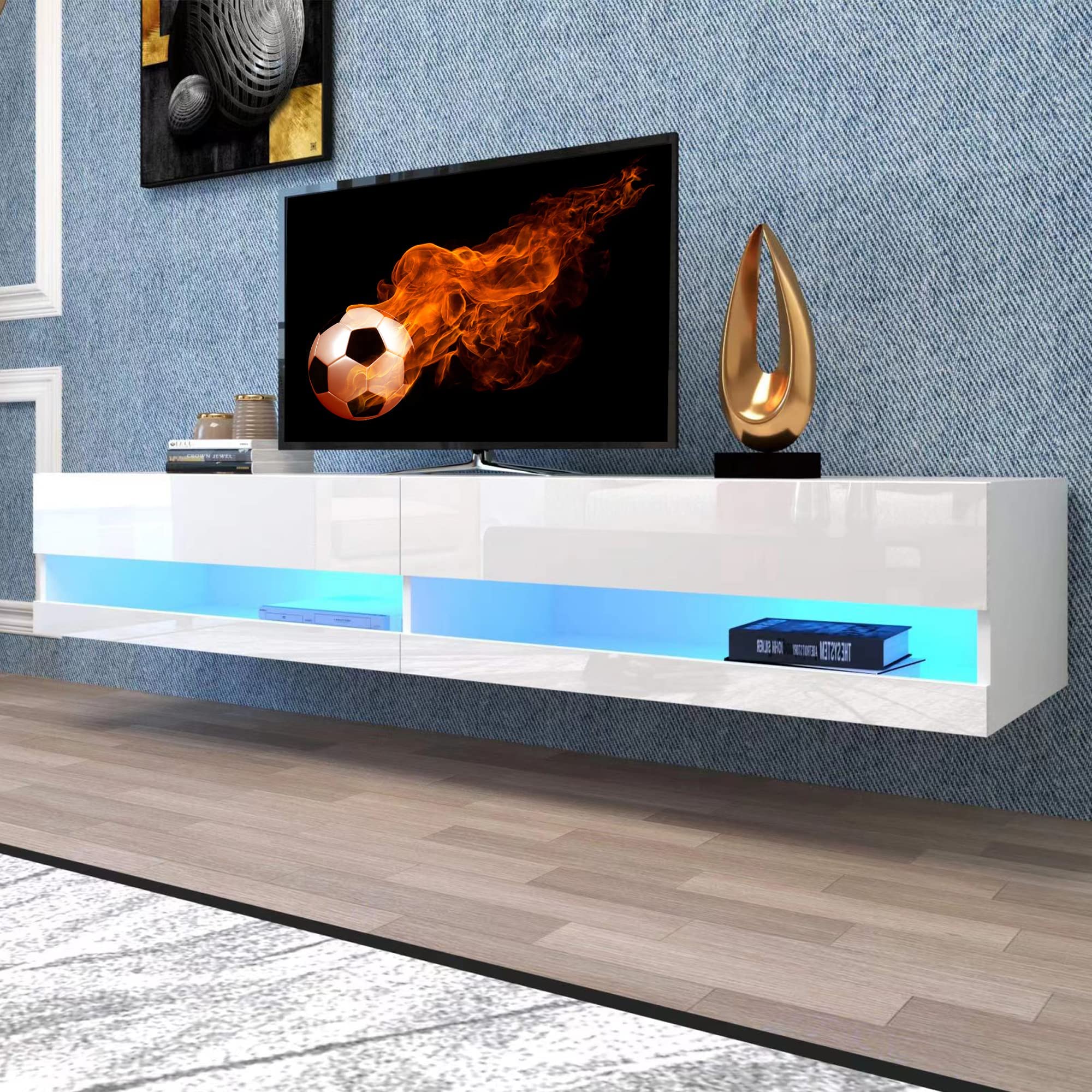 wuleen Floating LED TV Stand, Wall Mounted Entertainment Center with Storage and LED Light Socket Board, Modern High Gloss TV Stand Fits Up to 80 Inch TV, led Floating Shelf