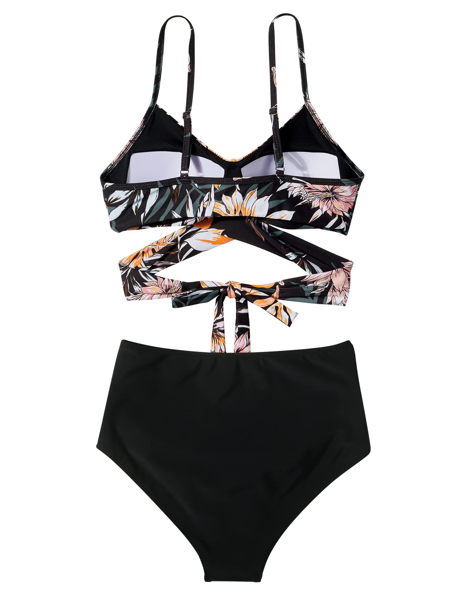 SUUKSESS Women High Waisted Bikini Criss Cross Swimsuits Push Up Bathing Suits (L, Retro Floral Black)