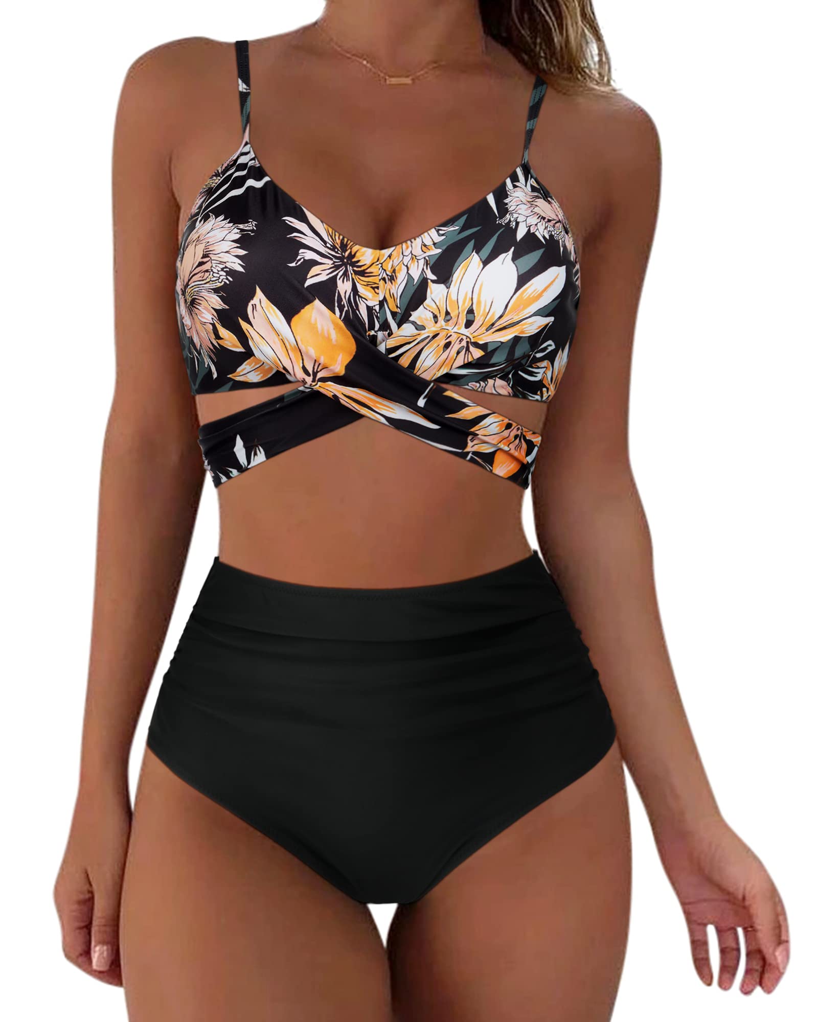 SUUKSESS Women High Waisted Bikini Criss Cross Swimsuits Push Up Bathing Suits (L, Retro Floral Black)