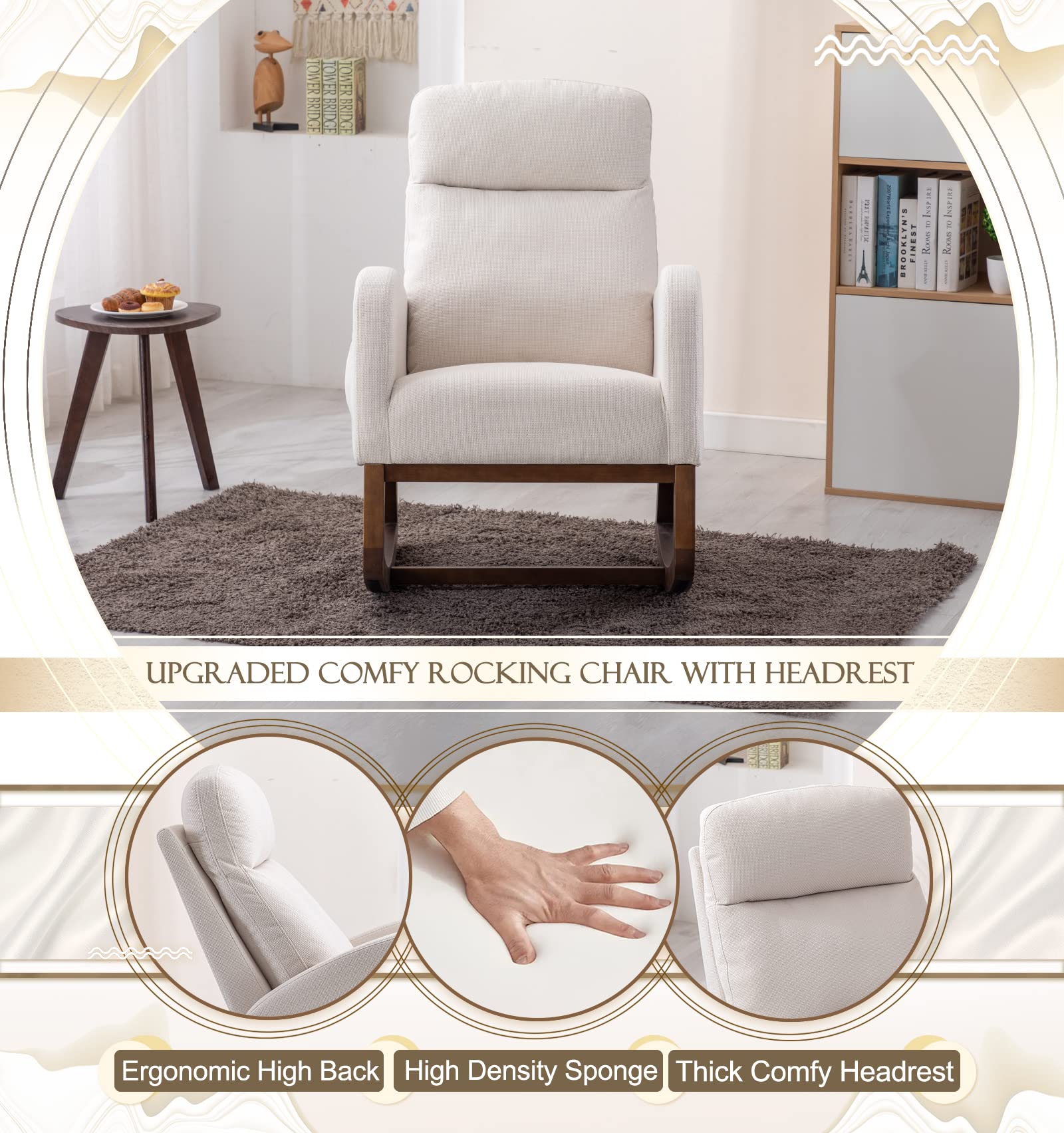 KINFFICT Comfy Rocking Chair, Upholstered Accent Glider Rocker for Baby Nursery or Relaxation, Living Room Armchair with High Back and Headrest, Modern Rocking Glider with Side Pocket, Beige