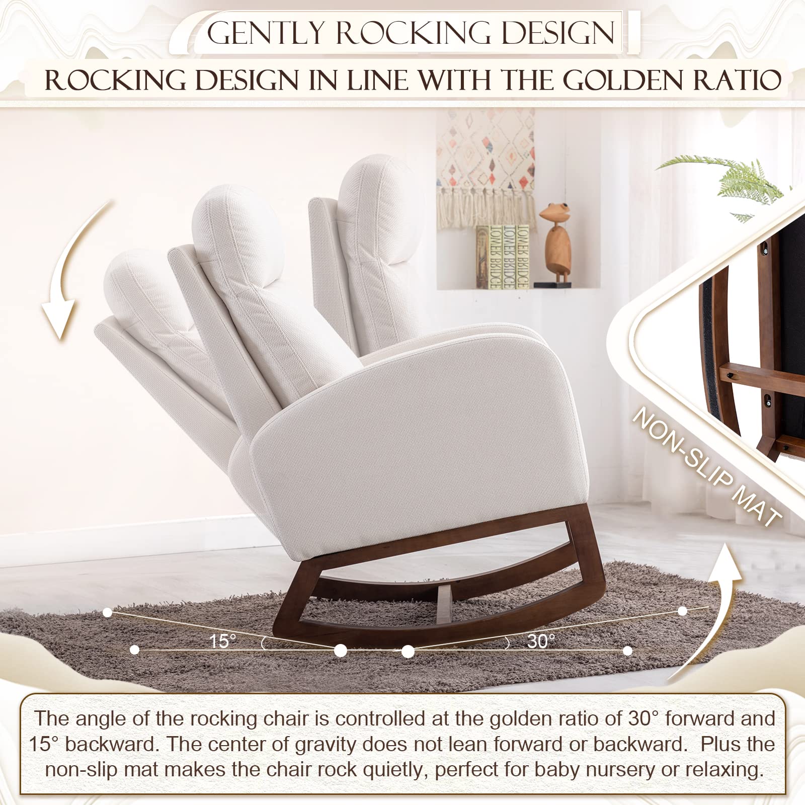 KINFFICT Comfy Rocking Chair, Upholstered Accent Glider Rocker for Baby Nursery or Relaxation, Living Room Armchair with High Back and Headrest, Modern Rocking Glider with Side Pocket, Beige