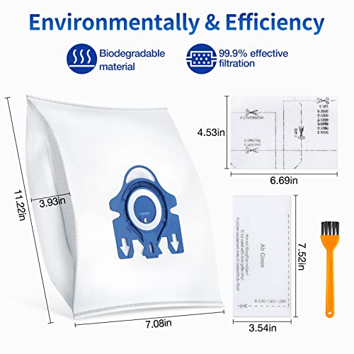 Rowhalf 12 Pack 3D Airclean Dust Bags, Compatible with Miele GN Vacuum Cleaner Bags, Replacement for Miele Classic C1 Complete C1, C2, C3, S400i S600 S2 S5 S8 Series, with 4 MP Filters, 4 AirClean Filters