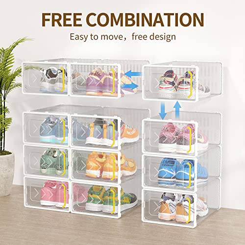 Gardace 12 Pack Shoe Storage Boxes,Clear Plastic Stackable Shoe Organizer for Closet,Foldable Shoe Rack Sneaker Container Bins Holders,with Yellow Door Handle