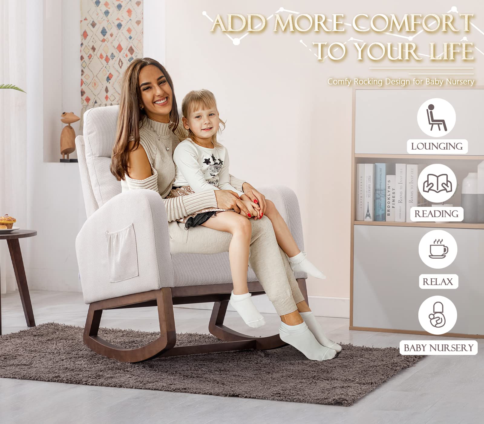 KINFFICT Comfy Rocking Chair, Upholstered Accent Glider Rocker for Baby Nursery or Relaxation, Living Room Armchair with High Back and Headrest, Modern Rocking Glider with Side Pocket, Beige