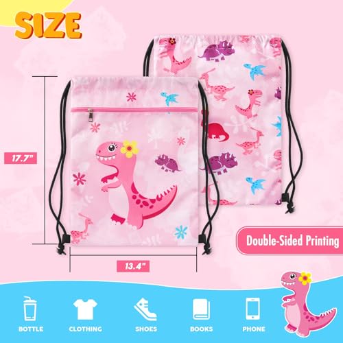 WAWSAM Dinosaur Drawstring Backpack - 13" x 18" Sports Gym Bag Waterproof Beach Swimming Travel Sackpack Birthday Christmas Gift with Zippered Pocket