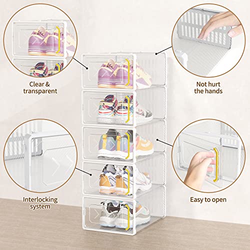 Gardace 12 Pack Shoe Storage Boxes,Clear Plastic Stackable Shoe Organizer for Closet,Foldable Shoe Rack Sneaker Container Bins Holders,with Yellow Door Handle
