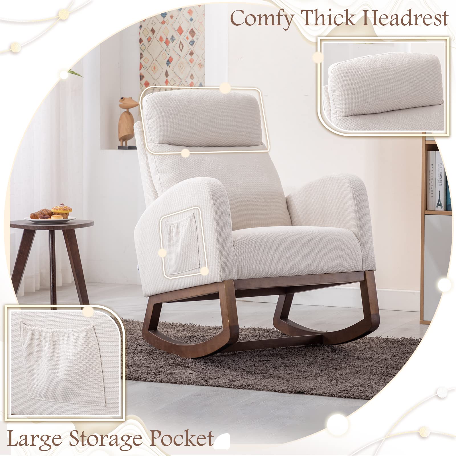 KINFFICT Comfy Rocking Chair, Upholstered Accent Glider Rocker for Baby Nursery or Relaxation, Living Room Armchair with High Back and Headrest, Modern Rocking Glider with Side Pocket, Beige